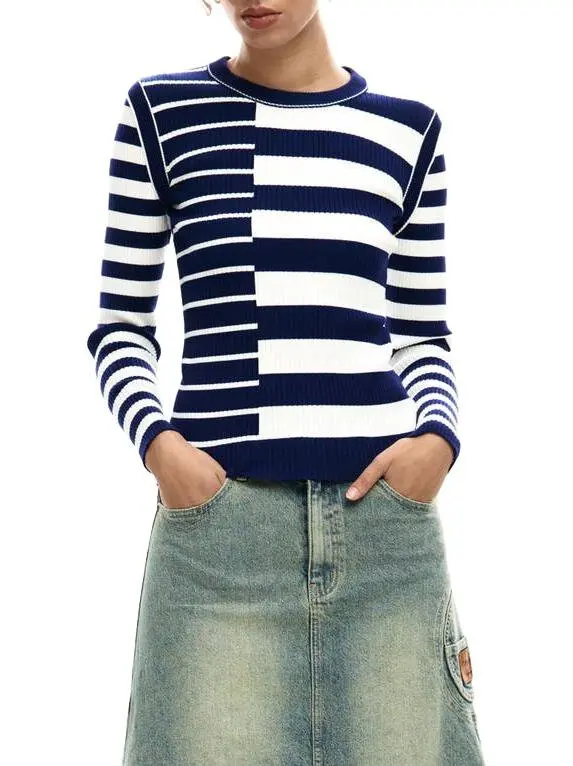 Desigual Striped Ribbed Crewneck Sweater - White/blue