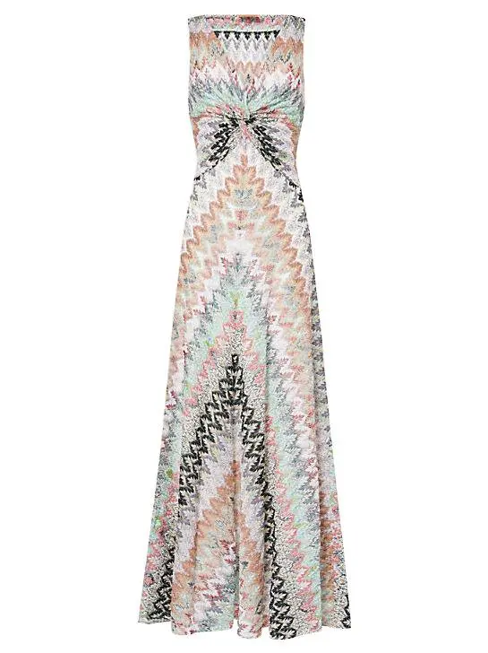 Missoni V-neck Chevron Knit Maxi Dress - White Pink Light Blue