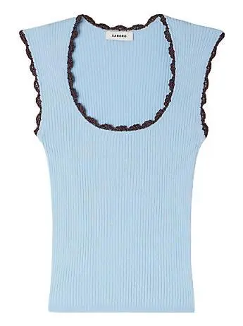 Sandro Ribbed Crochet-trimmed Knit Top - Sky Blue