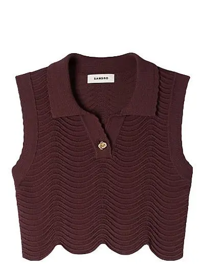 Sandro Cropped Button-neck Stretch-knit Top - Brown