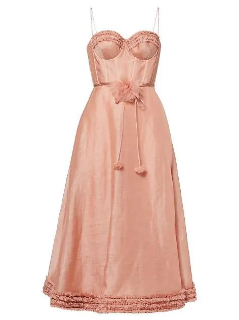 Zimmermann Luna Ruffle Linen-silk Midi Dress - Peony