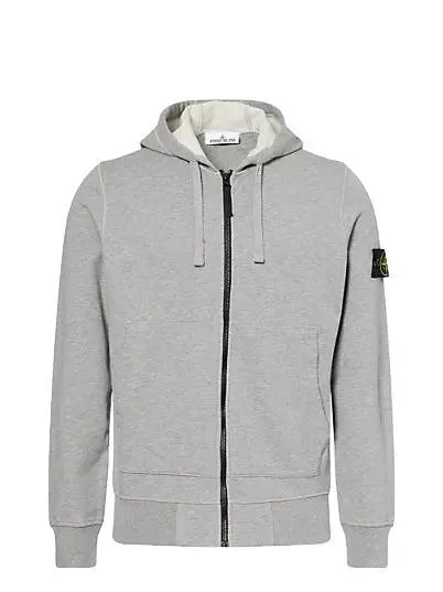 Stone Island Brand-badge Zip-through Cotton Hoody - Grey Melange