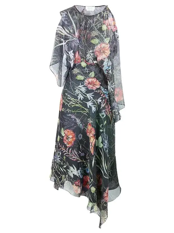 Alexander McQueen Asymmetrical Flower-print Midi Dress - Black