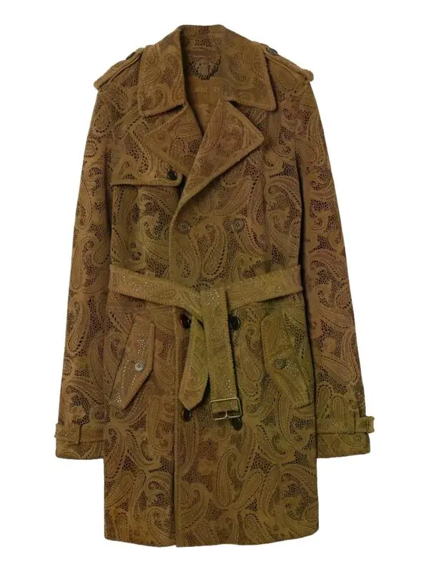 Burberry Lawshall Mid-length Paisley Suede Trench Coat - Brown