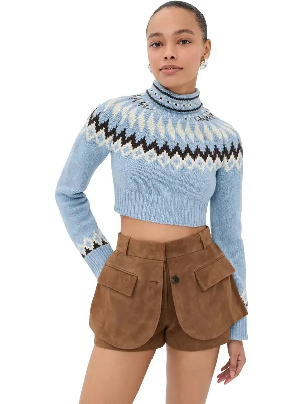 Monse Cropped Fair Isle Knit Sweater - Sky Blue Multi