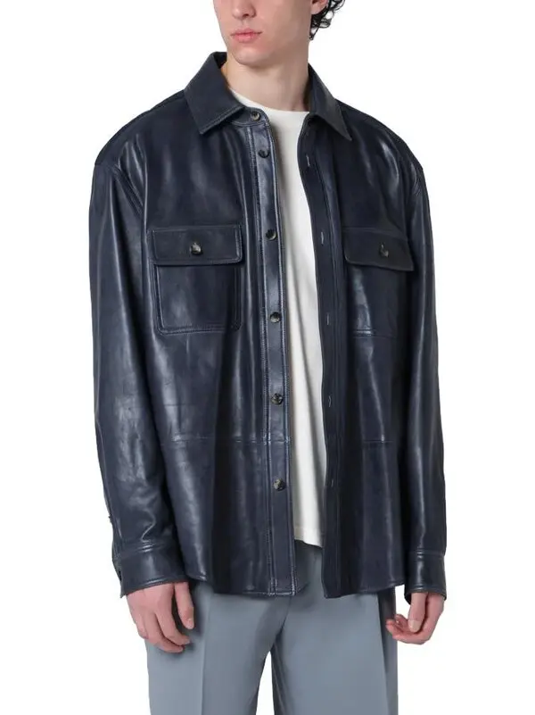Loewe Oversized Navy Shirt In Leather And Cotton - Blue