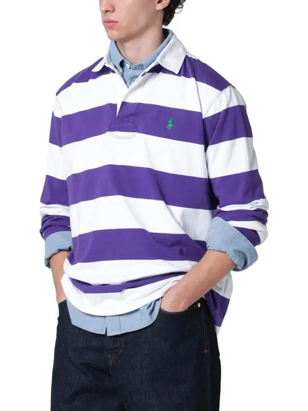 Polo Ralph Lauren White/ Striped Classic Fit Polo Shirt - Purple