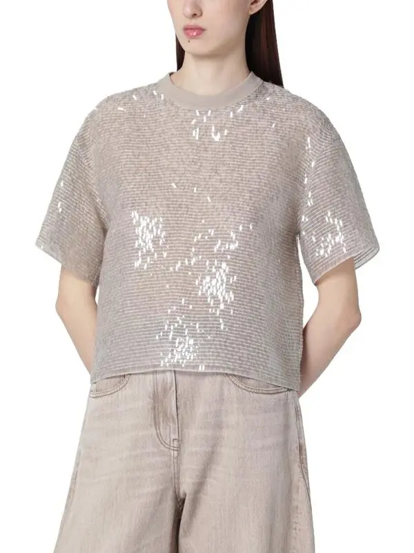 Brunello Cucinelli Sequin Embroidered T-shirt - Beige