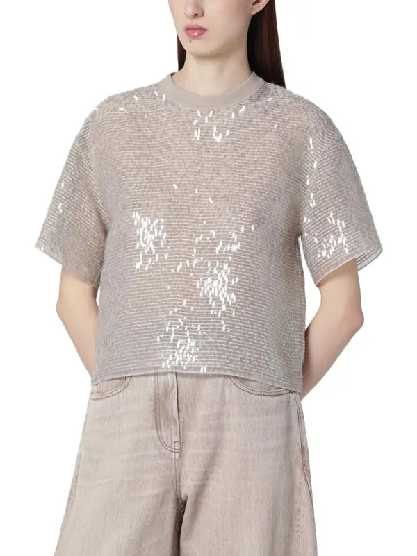 Brunello Cucinelli Dazzling Cascade Embroidery T-shirt - Beige