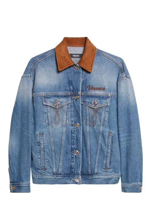 Versace Suede Trim Denim Trucker Jacket - Medium Blue