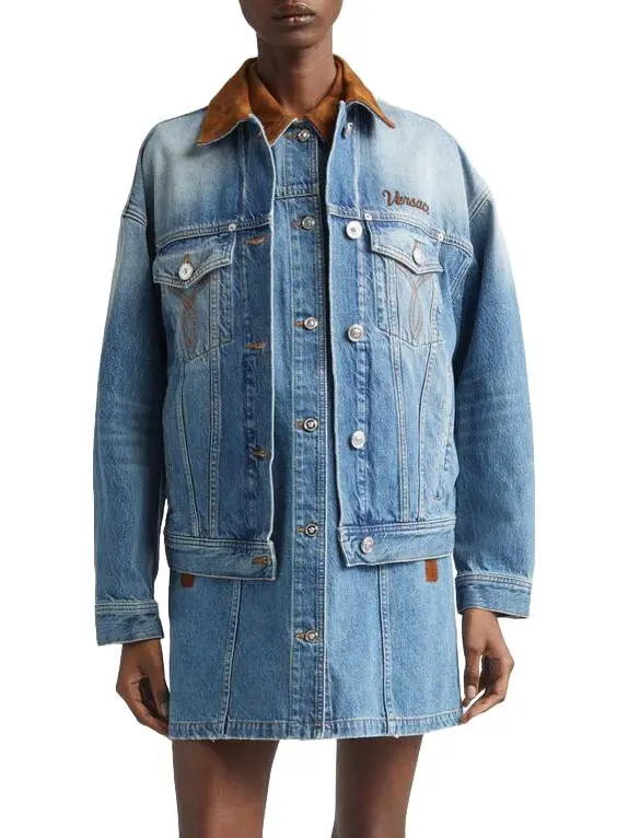 Versace Suede Trim Denim Trucker Jacket - Medium Blue