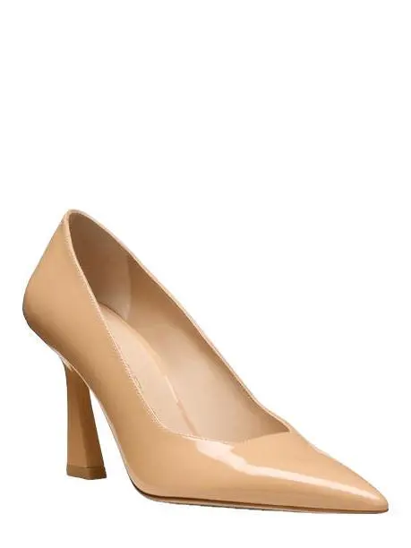 STUART WEITZMAN Vinnie 85 Patent Leather Pointed Toe Pump - Adobe Beige