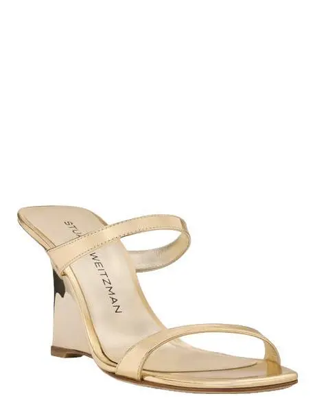 STUART WEITZMAN Vinnie 85 Patent Leather Wedge Slide Sandal - Platino Metallic