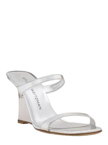 STUART WEITZMAN Vinnie 85 Patent Leather Wedge Slide Sandal - Silver