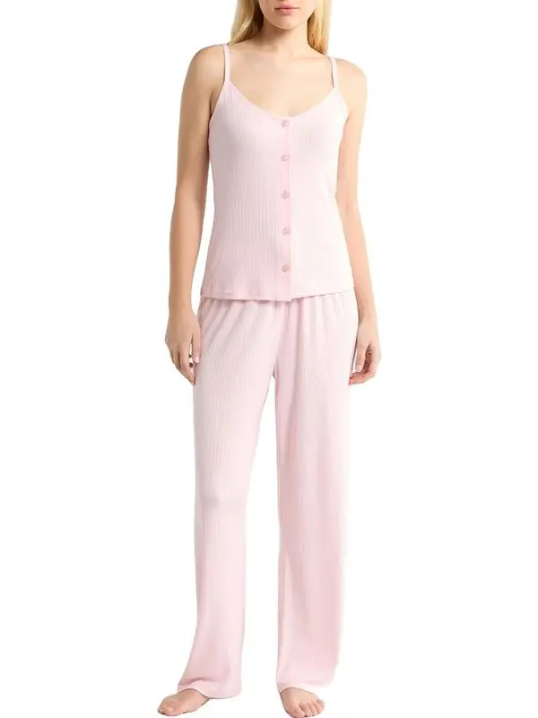 French Connection Ribbed Camisole & Pants Sleep Set - Icy Pink