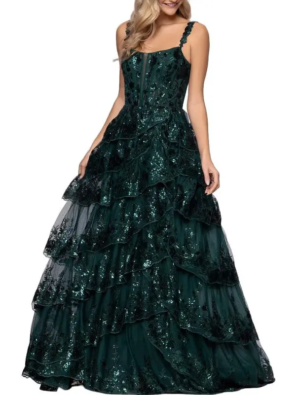 BLONDIE NITES Sequin Tiered Ruffle Ballgown - Hunter