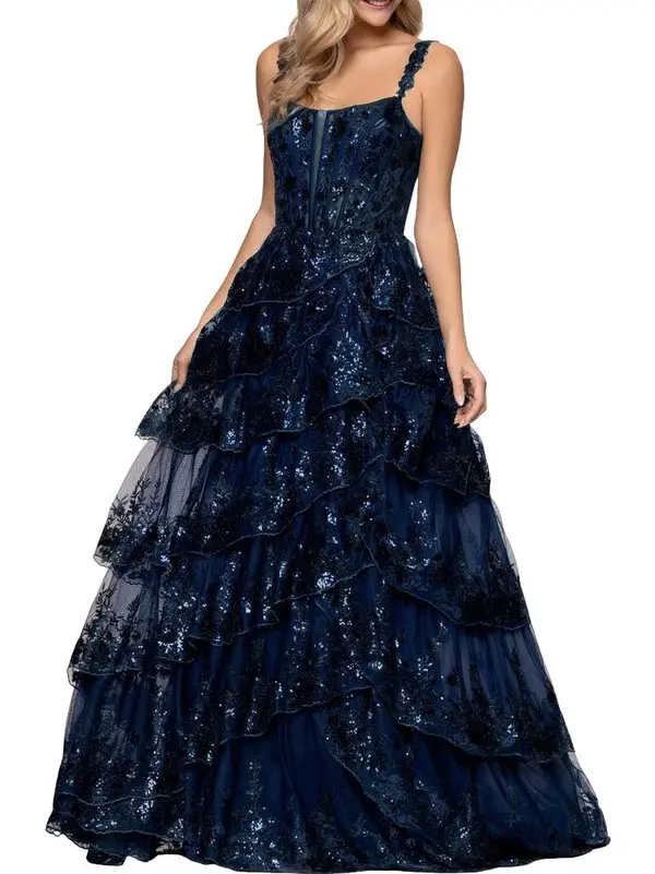 BLONDIE NITES Sequin Tiered Ruffle Ballgown - Navy