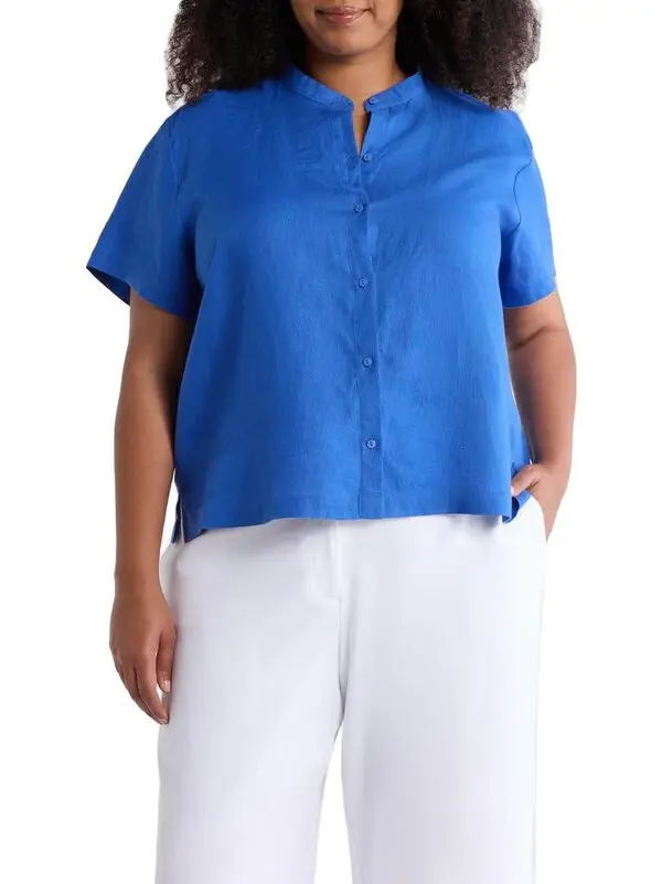 Eileen Fisher Mandarin Collar Linen Button-up Shirt - Sapphire