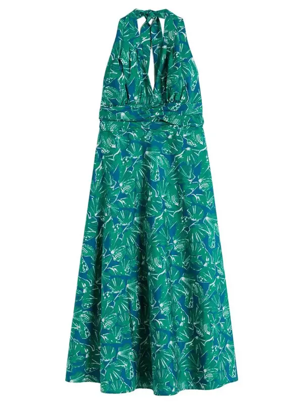 Max Mara Long Dress In Printed Poplin - Emerald