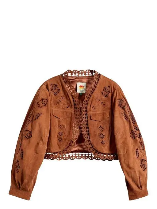 Farm Rio Richilieu Embroidered Leather Crop Jacket - Caramel
