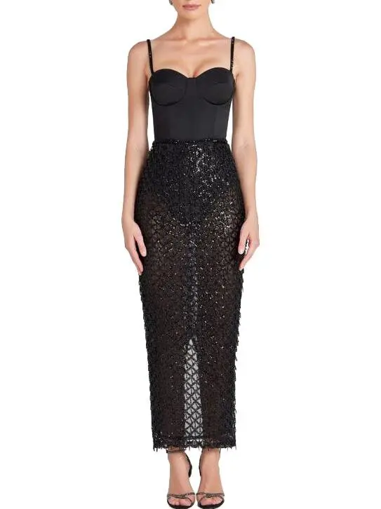 NADINE MERABI Valentina Mixed Media Beaded Bustier Gown - Black