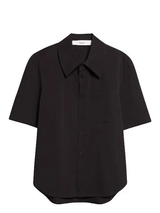 Séfr Waylon Short Sleeve Cotton Poplin Button-up Shirt - Black Fine Poplin