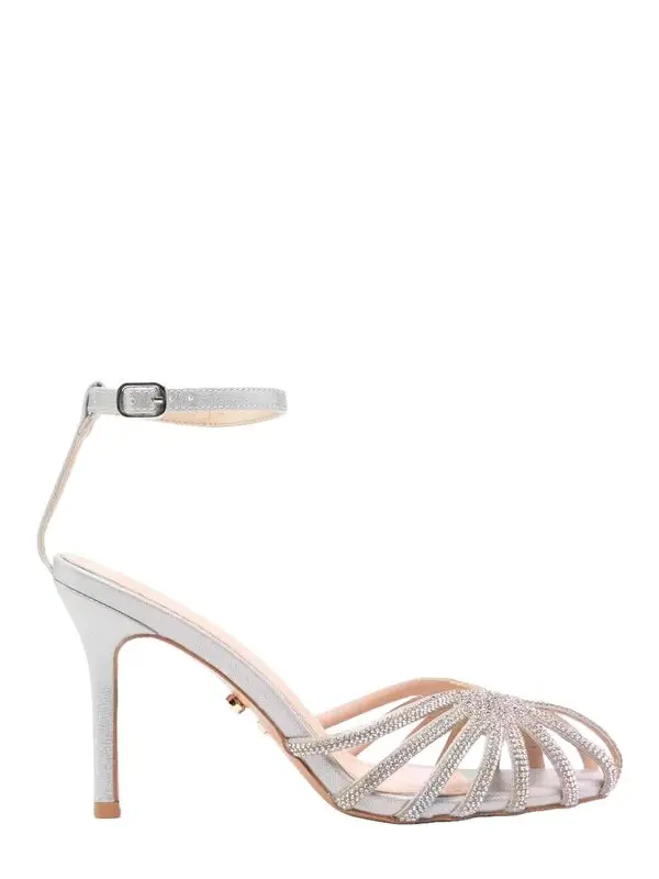 TWENTY FOURHAITCH Crystal Embellished Ankle Strap Heeled Sandals - Silver