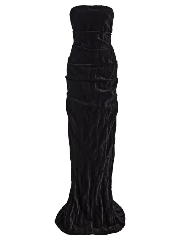 COLLEEN ALLEN Strapless Gathered Velvet Maxi Dress - Black