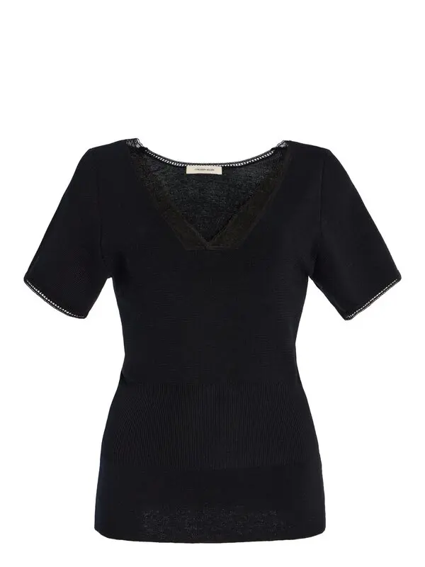 COLLEEN ALLEN Lace V-neck Merino Wool Tee - Black