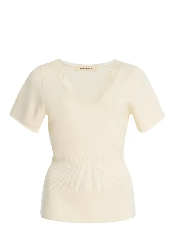 COLLEEN ALLEN Lace V-neck Merino Wool Tee - Ivory