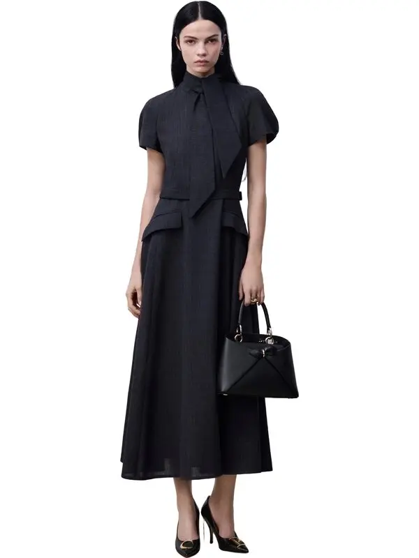 Dior Mid-length Dress With Tie Neck - Gray Prince Of Wales Virgin Wool And Cashmere