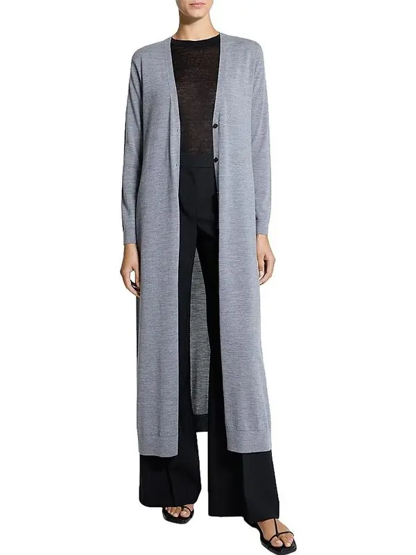 Theory Regal Long Merino Wool Cardigan Sweater - Light Heather Grey