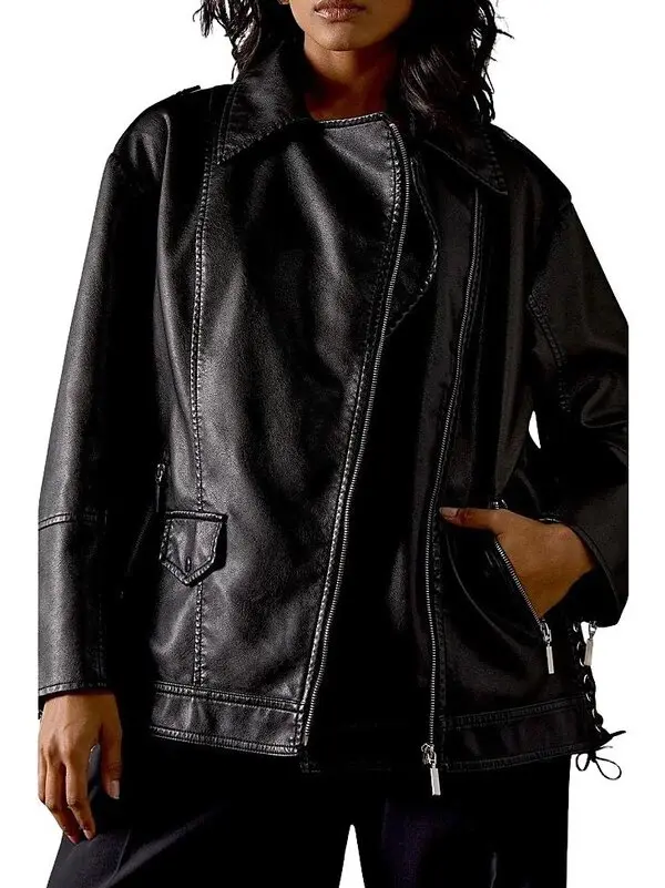 WAREHOUSE Oversized Whipstitch Leather Look Jacket - Black