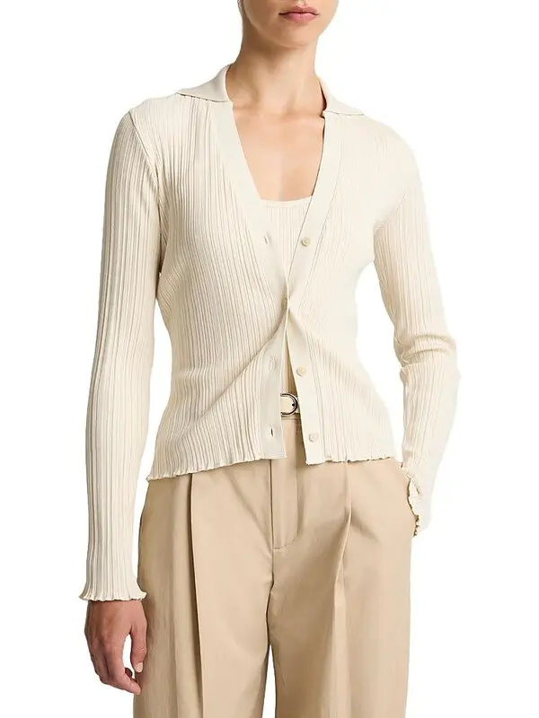 Vince Rib Knit Polo Cardigan Sweater - Flax
