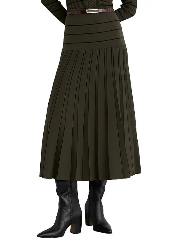 REISS Alice Pleated Skirt - Khaki Green