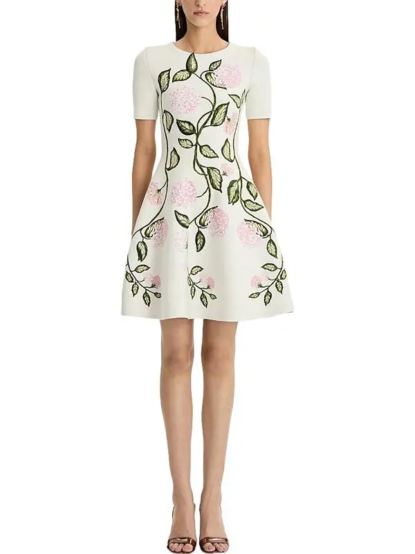 Oscar De La Renta Porcelain Flower Jacquard Knit Dress - Ivory/pink
