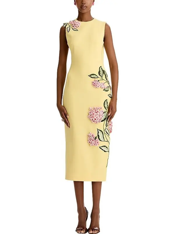 Oscar De La Renta 3d Floral Embroidered Sheath Midi Dress - Butter