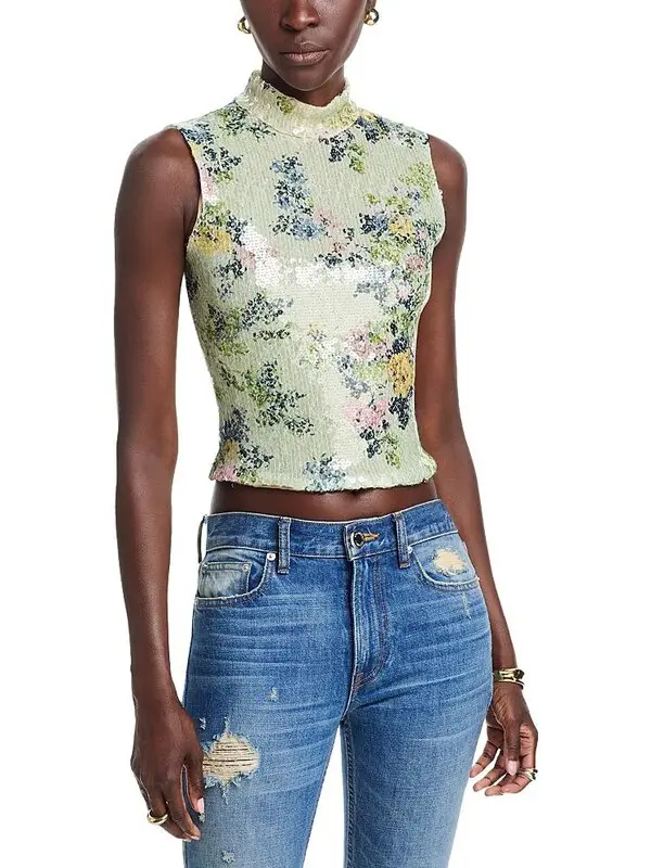 Brandon Maxwell Piper Paillette Mock Neck Tank - Green Floral