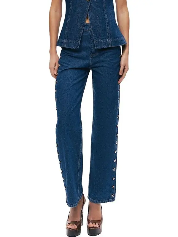 NOCTURNE Eyelet Detailed Wide-leg Denim Pants - Navy
