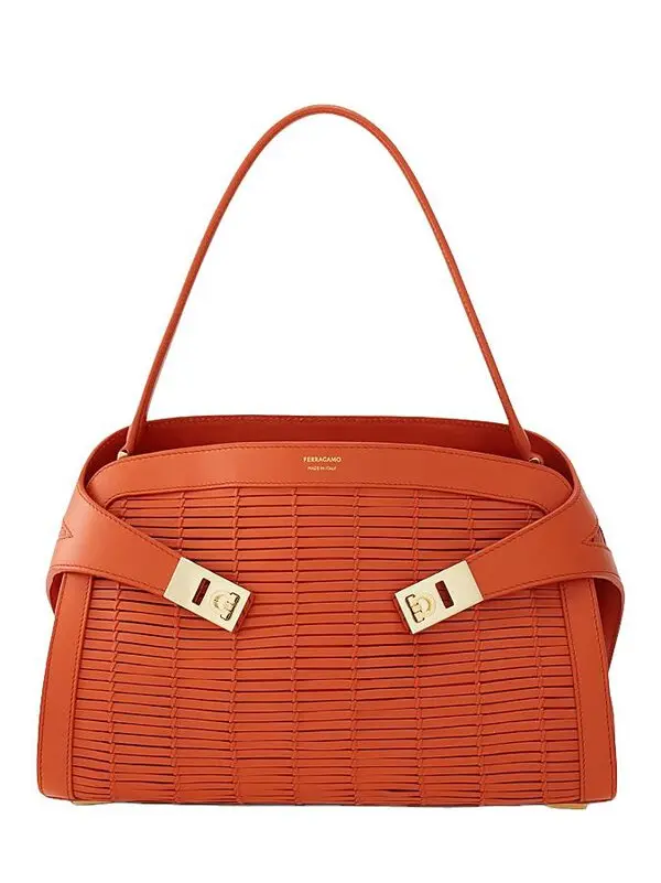 FERRAGAMO Hug Medium Woven Leather Handbag - Light Sienna