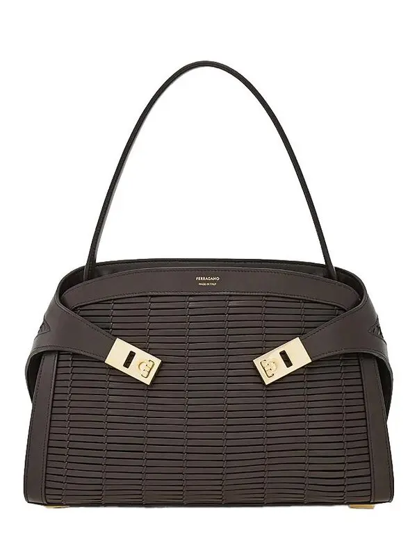 FERRAGAMO Hug Medium Woven Leather Handbag - T Moro