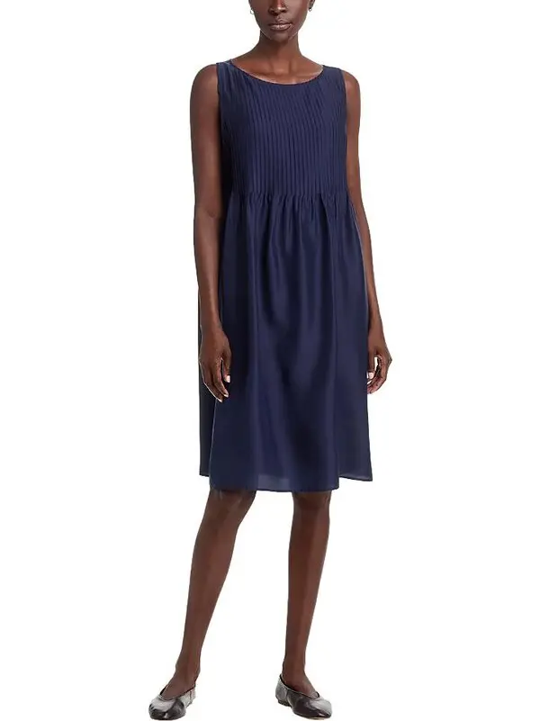 Eileen Fisher Silk Bateau Neck Pleated Dress - Ink