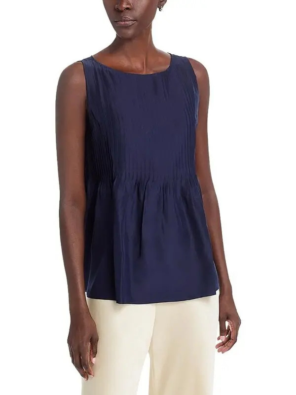 Eileen Fisher Silk Bateau Neck Pleated Shell - Ink