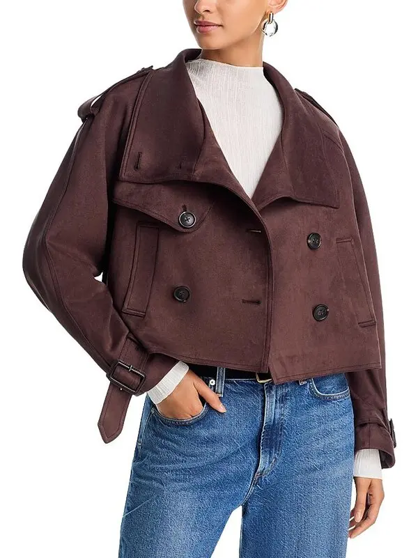 Aqua Cropped Faux Suede Trench Coat - Brown