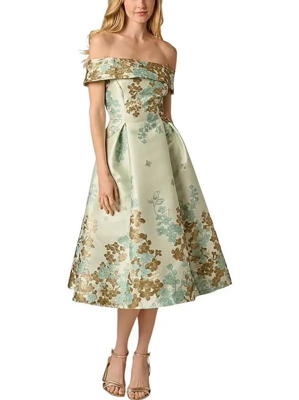 Adrianna Papell Off-the-shoulder Midi Dress - Sage/ Gold