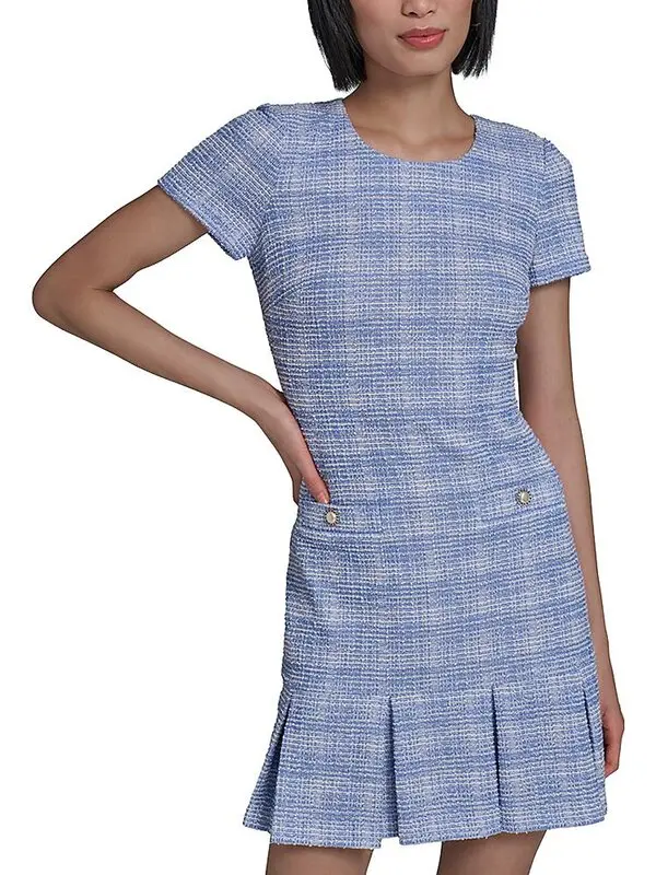 Karl Lagerfeld Paris Short Sleeve Boucle Tweed A-line Dress - French Blue