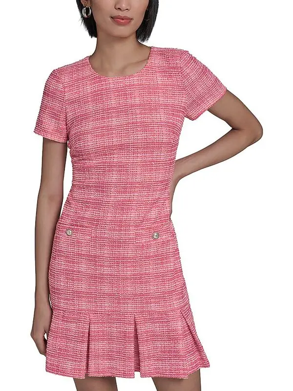 Karl Lagerfeld Paris Short Sleeve Boucle Tweed A-line Dress - Hot Pink/ Soft White
