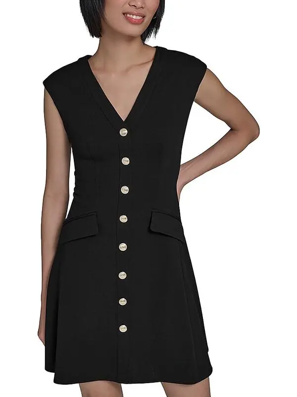 Karl Lagerfeld Paris V-neck Fit And Flare Dress - Black