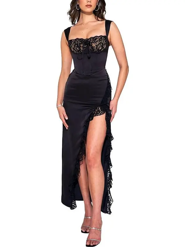 MISS CIRCLE Lace Bustier Satin Slip Maxi Corset Dress - Black