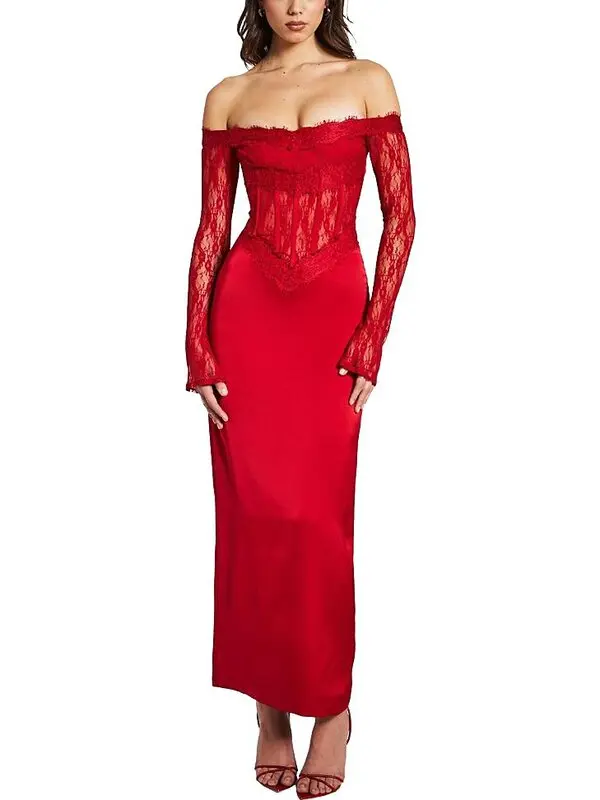 MISS CIRCLE Lace Satin Corset Maxi Dress - Red